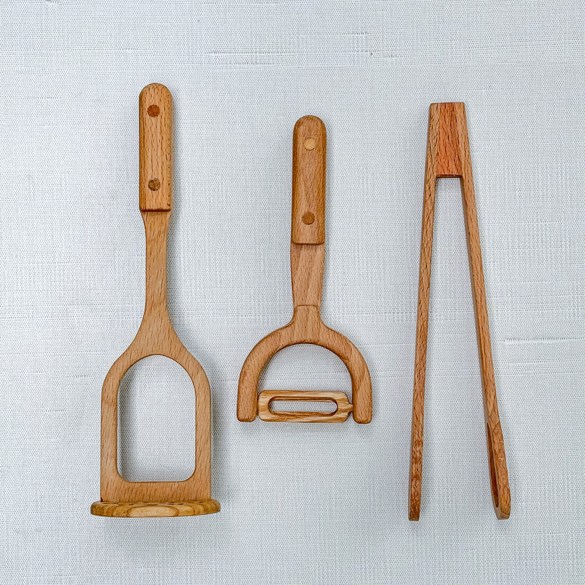 Wooden kitchen Utensil 3 Piece Set - Peeler, Masher, and Tongs - Play ...